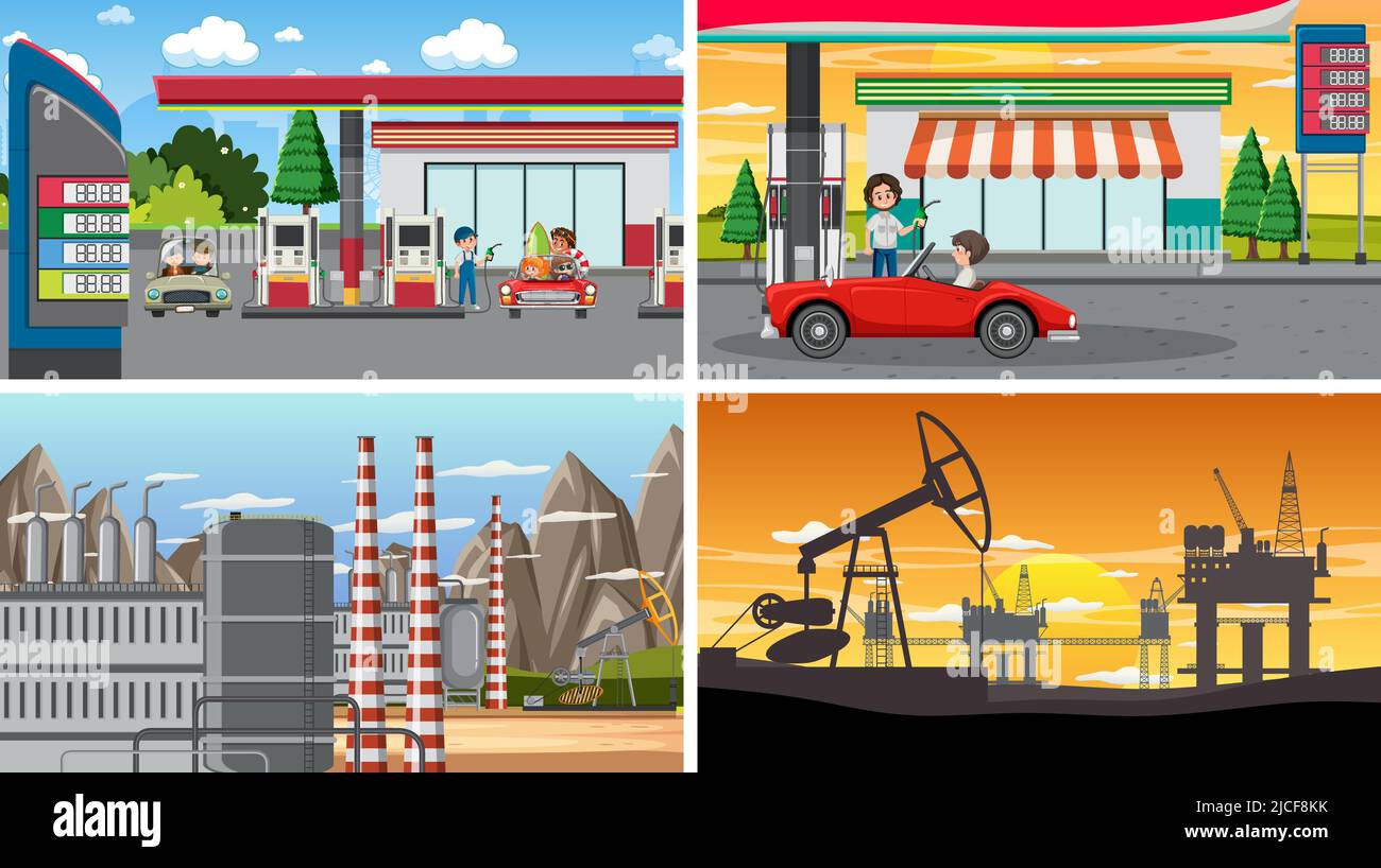 Four different petroleum industry scenes illustration Stock Vector ...