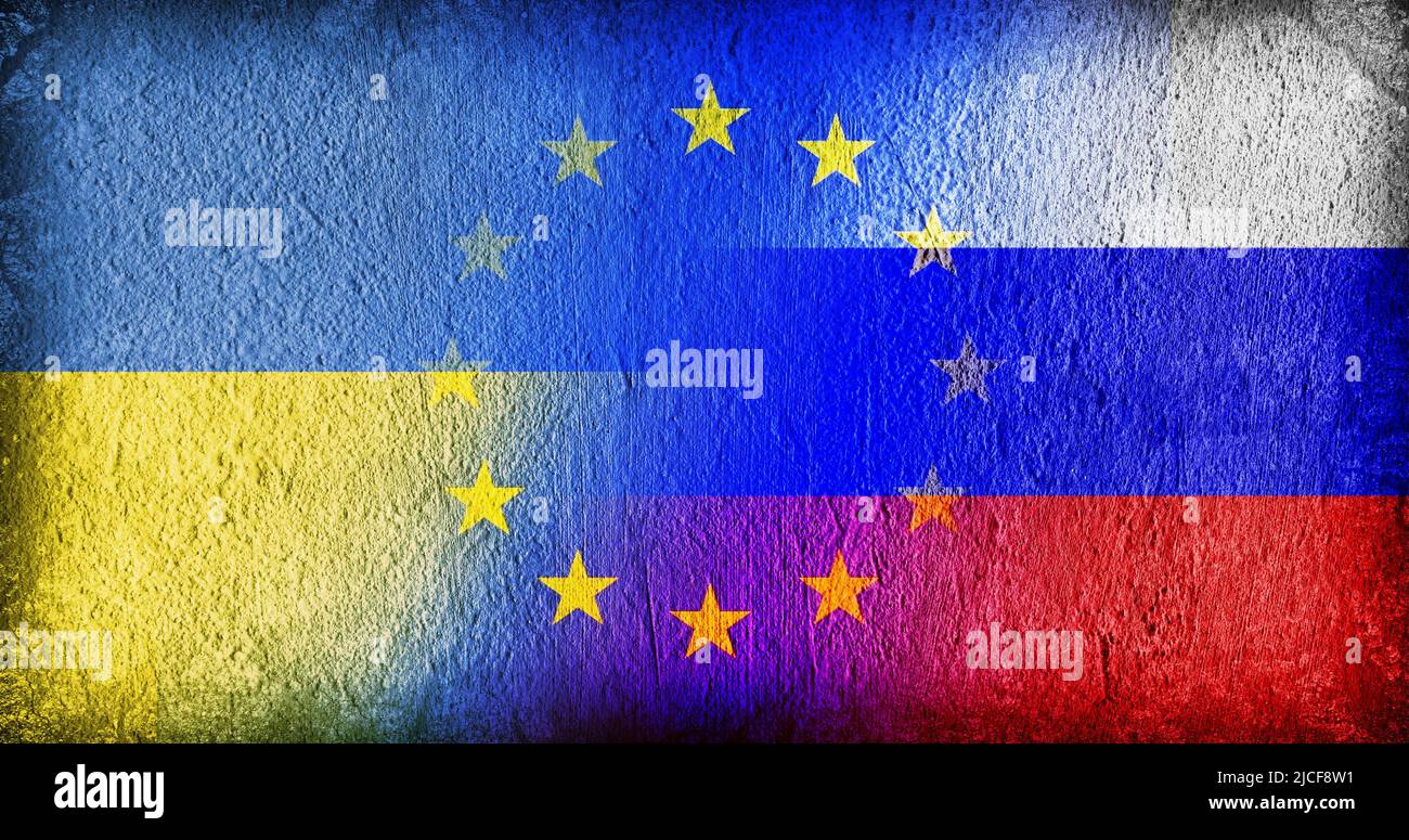 Ukrainian and Russian flag on concrete, split by the EU flag Stock ...