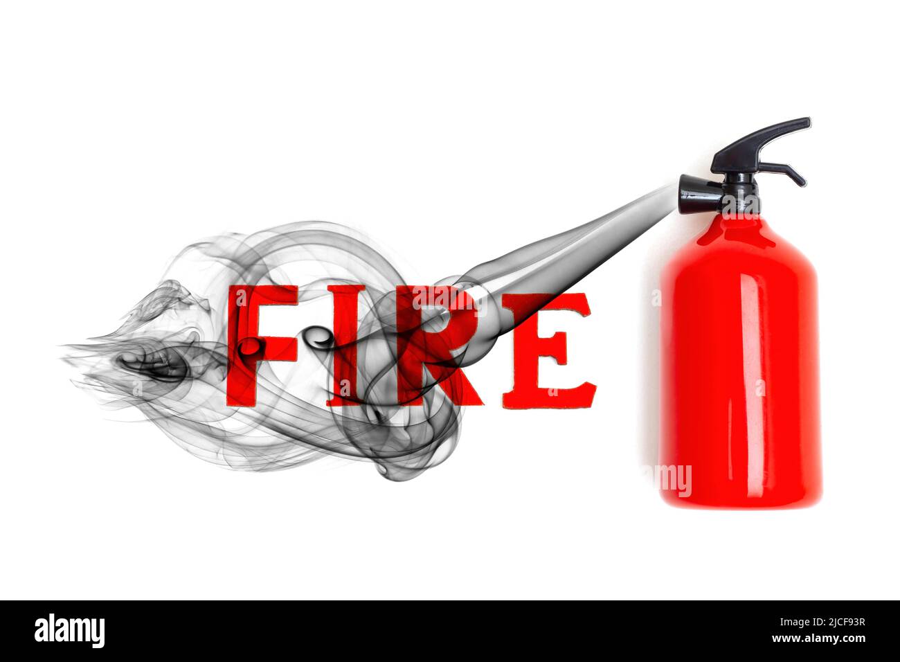 Red toy fire extinguisher and word FIRE in black smoke isolated on ...