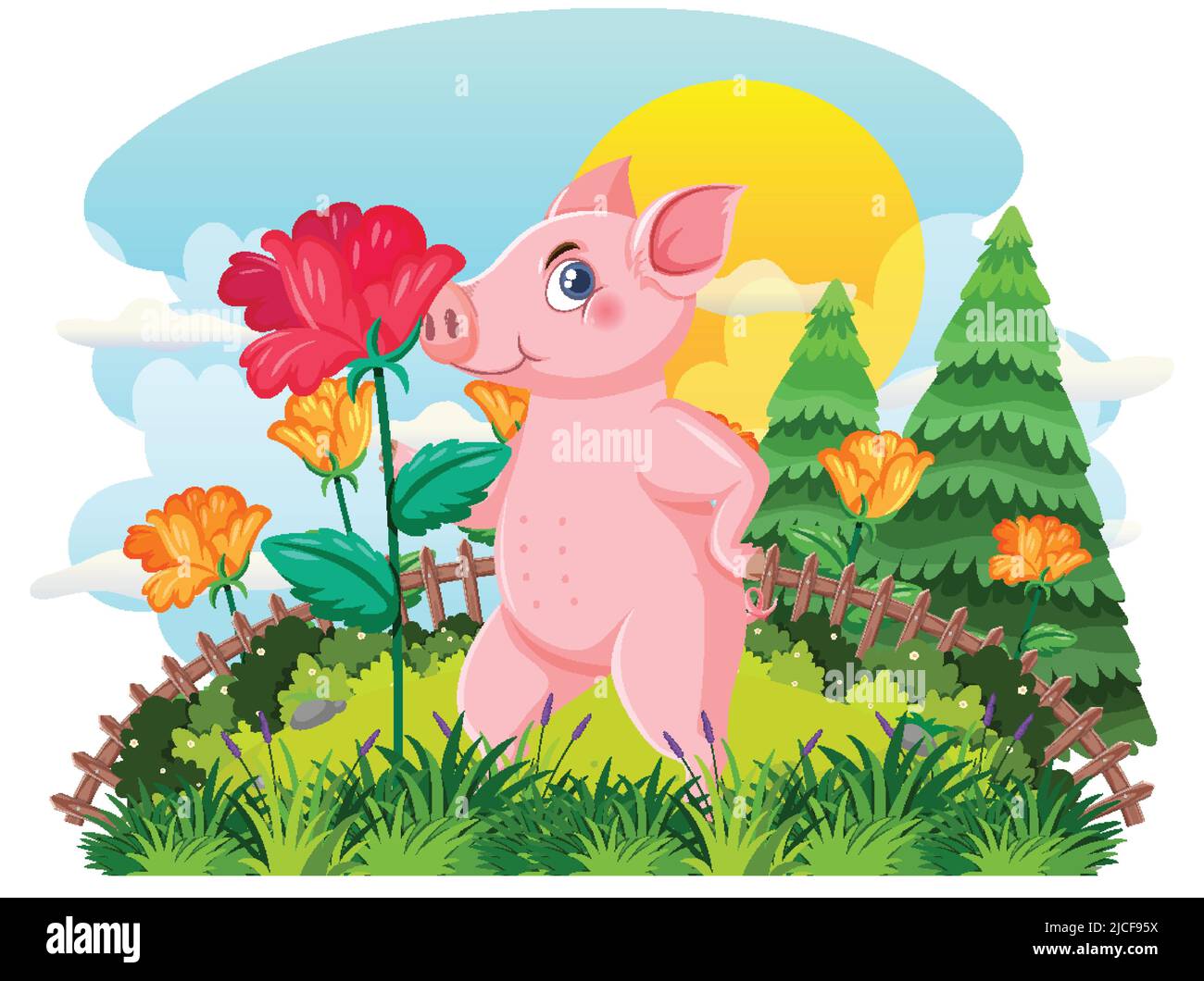 Cartoon pig in flower field illustration Stock Vector Image & Art - Alamy