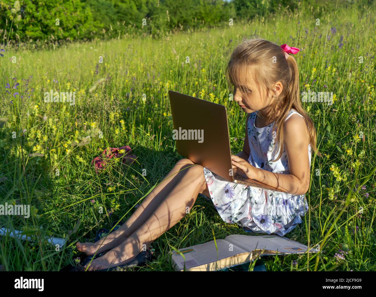 Little girl sitting on grass and using laptop. Education, lifestyle ...