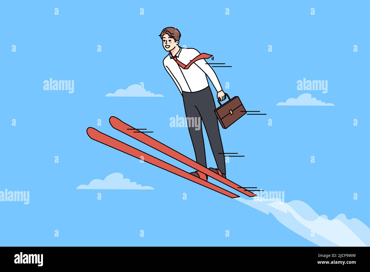 Businessman on ski jump high achieve work success or goals. Smiling man ...