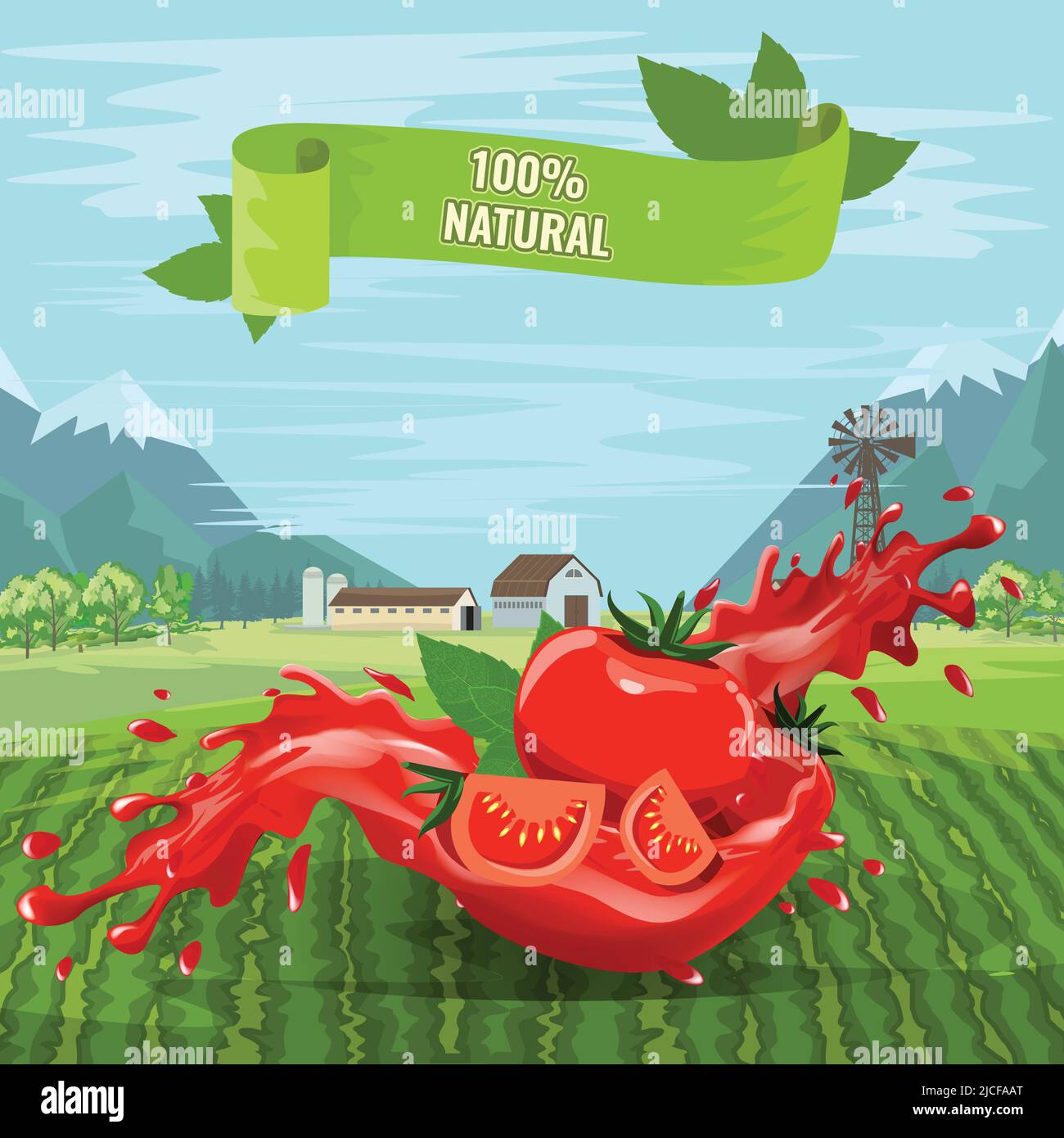 Tomato with splash and countryside banner design Stock Vector Image ...