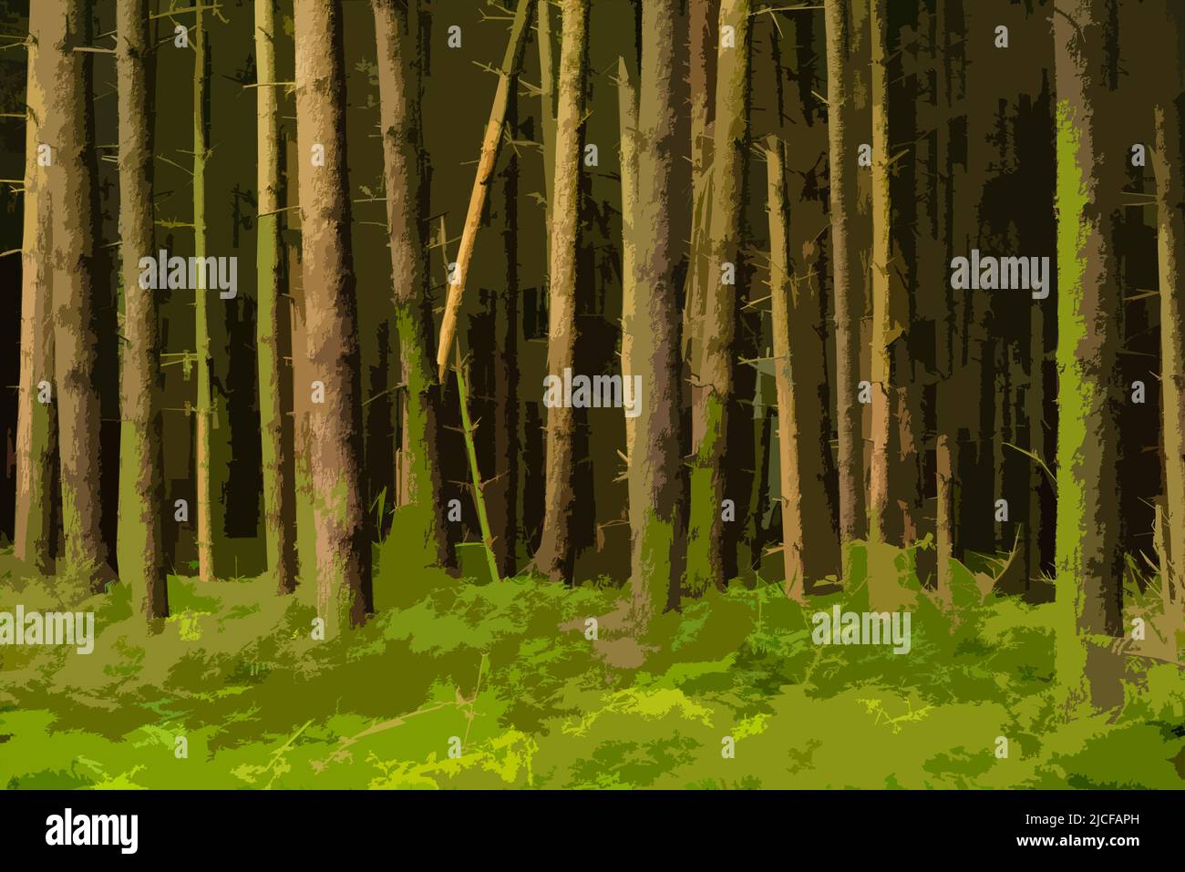 Abstract illustration of a forest, forest floor overgrown with green ...
