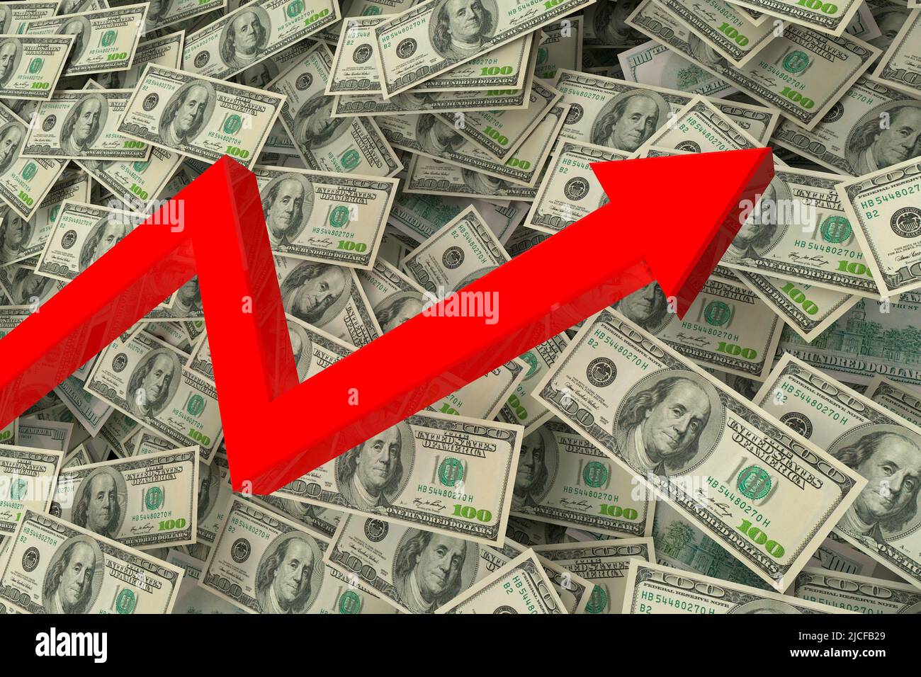 Incomes are growing. Red arrow on the background of money dollars. 3D ...