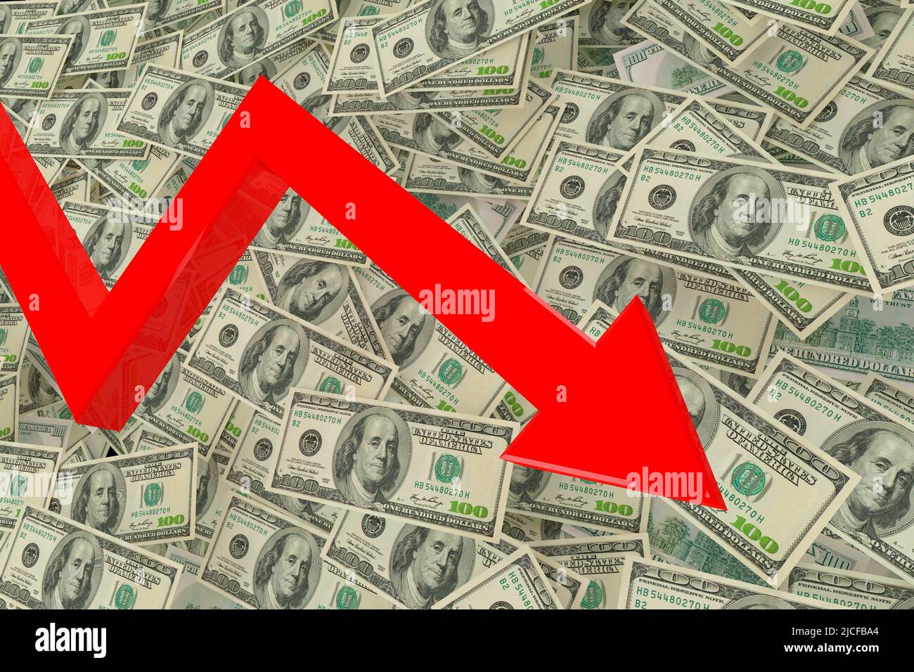 Incomes are falling. Red arrow on the background of money . 3D render ...