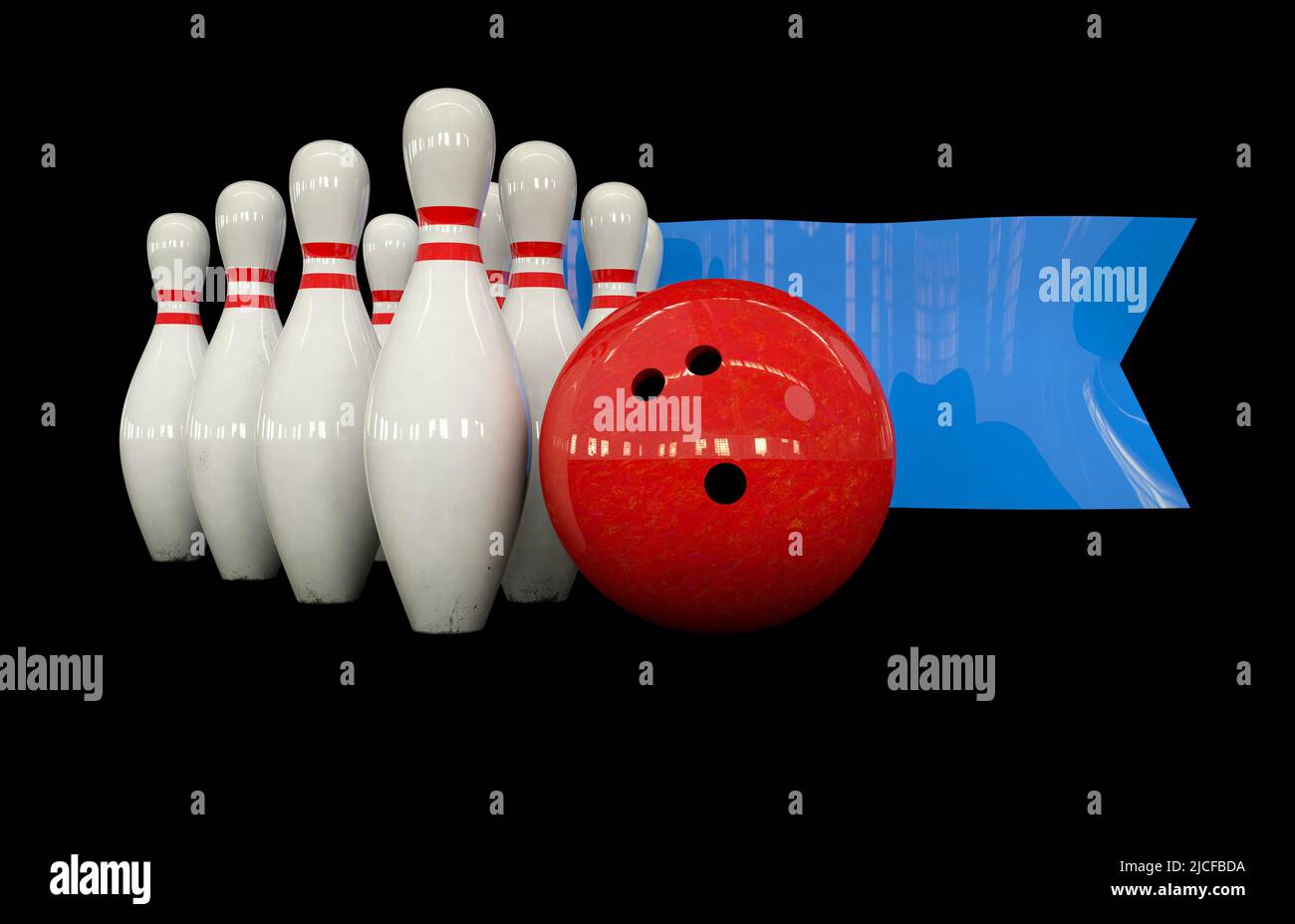 Bowling background with a bowling ball and skittles and a blue sign. 3d ...