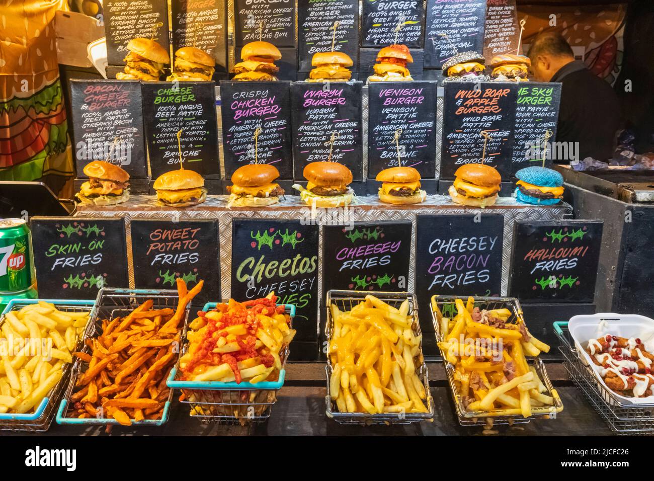 England, London, Street Food Display of Burgers and Fries Stock Photo ...