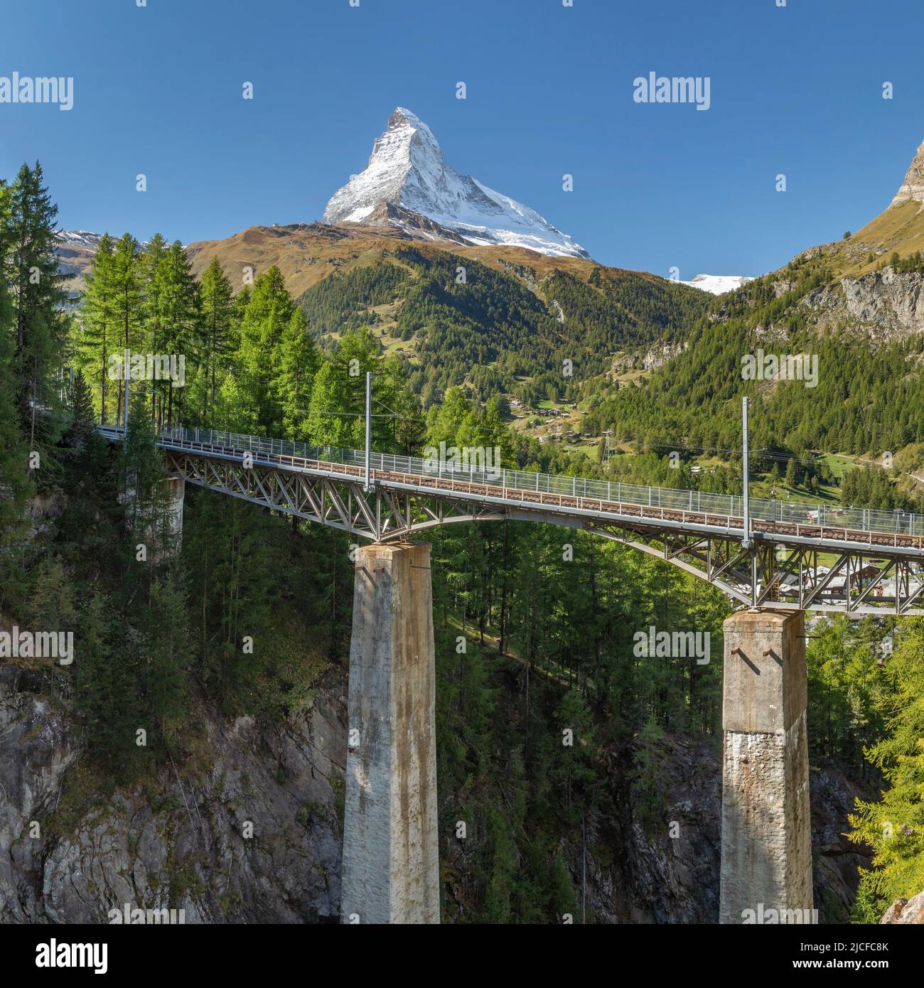 Findelbach bridge with view to Matterhorn, Swiss Alps, Zermatt, Valais ...
