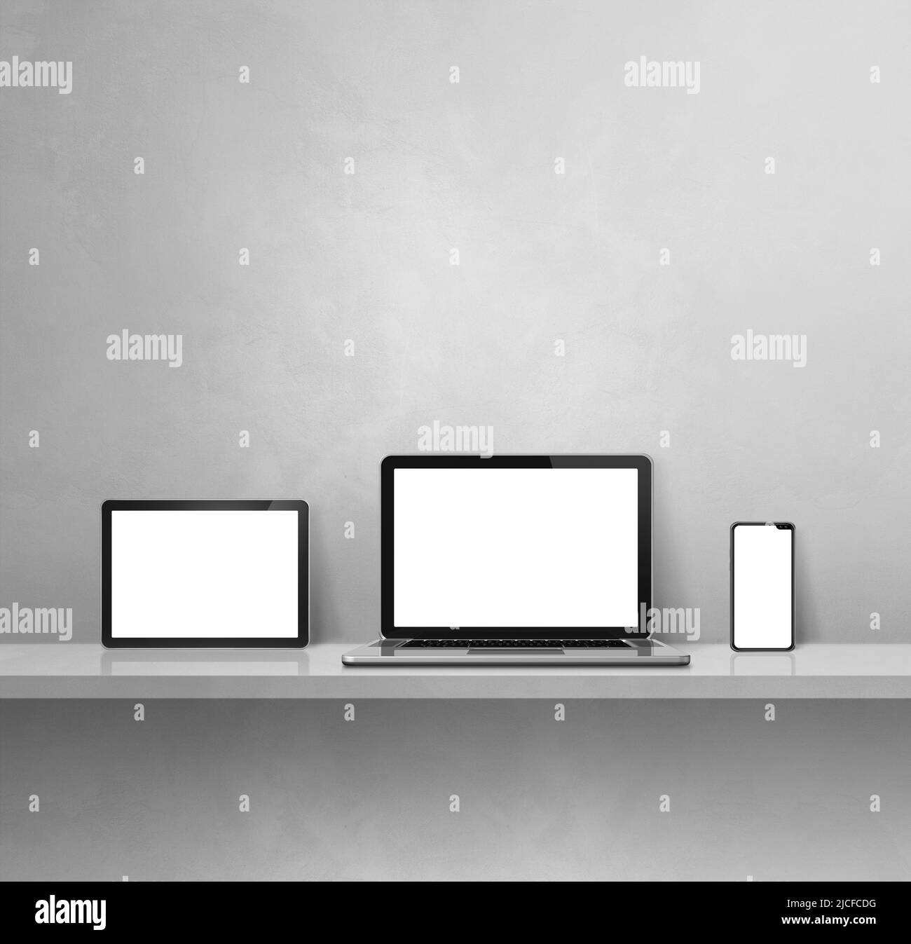 Laptop, mobile phone and digital tablet pc on grey wall shelf. Square ...
