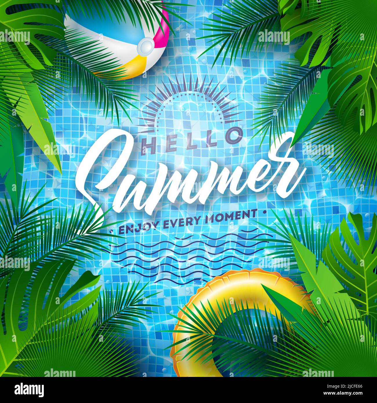 Hello Summer Illustration with Swimbelt and Beach Ball on Water in the ...