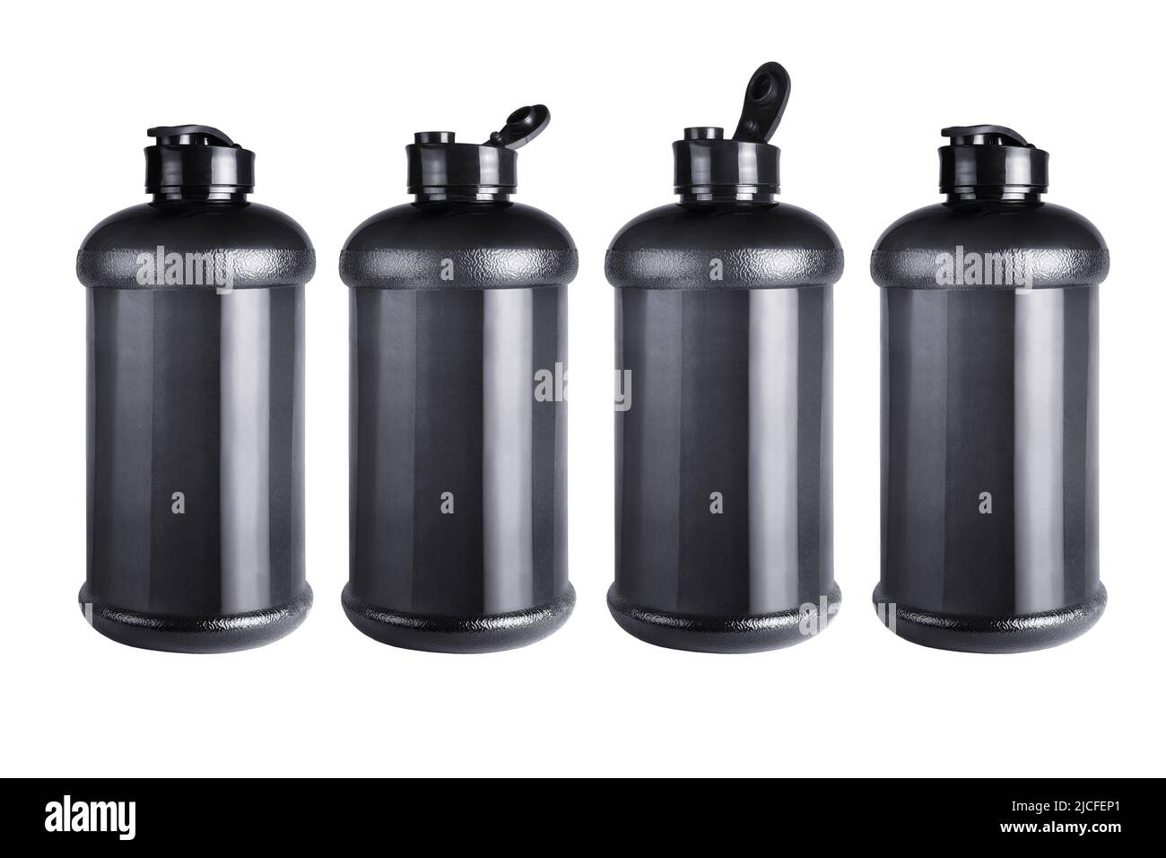 Four Black Empty Water Containers Standing in a Row on White Background ...