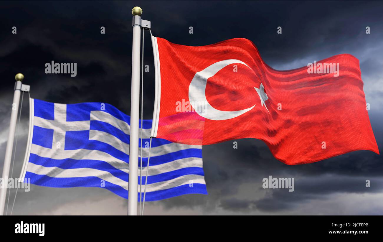 Greece flag and Turkey flag in front of cloudy sky Stock Photo - Alamy