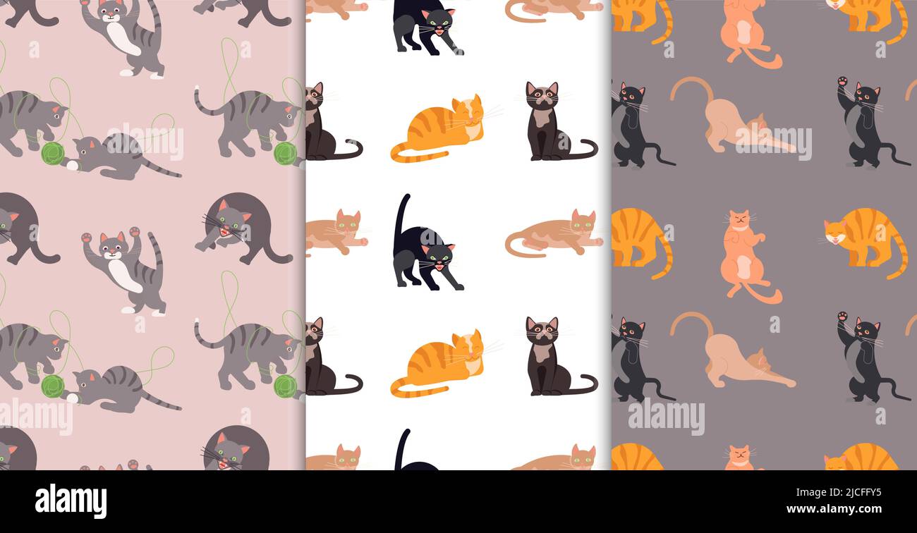Set of Bright colorful Seamless pattern with Cute Cartoon Cats on ...