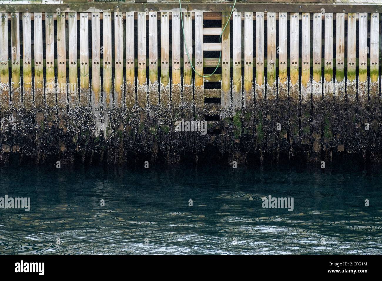 Norway, Troms og Finnmark, Havøysund, wooden quay wall at low tide ...