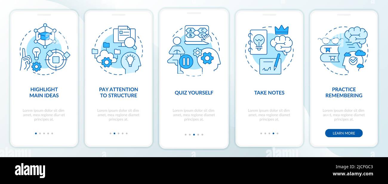 Learning and memorizing techniques blue onboarding mobile app screen ...