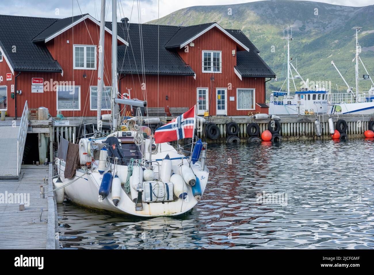 Norway, Nordland, Vesteralen, Stokmarknes, jetty in marina Stock Photo ...