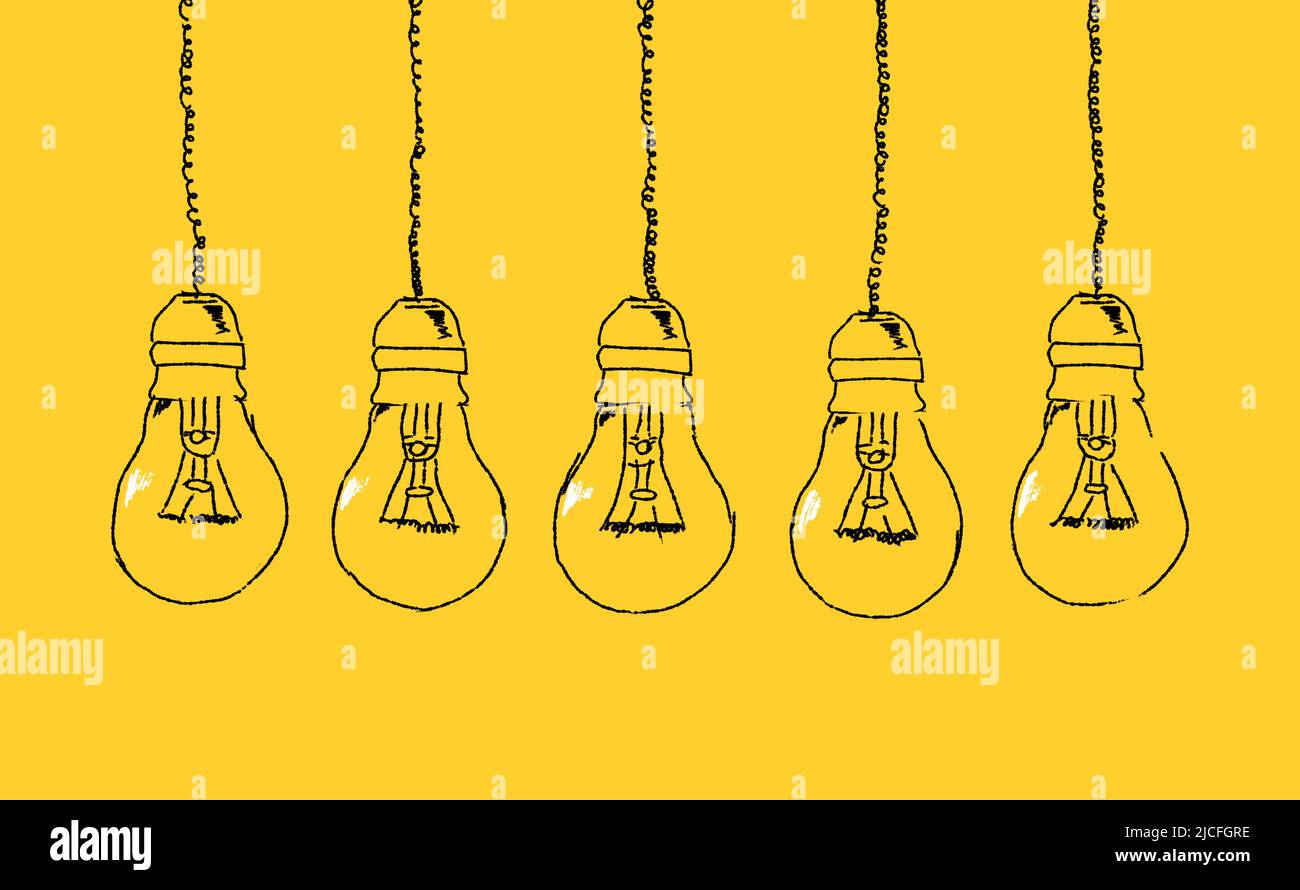 Set of light bulbs hand drawn on a yellow background. Thinking, idea ...