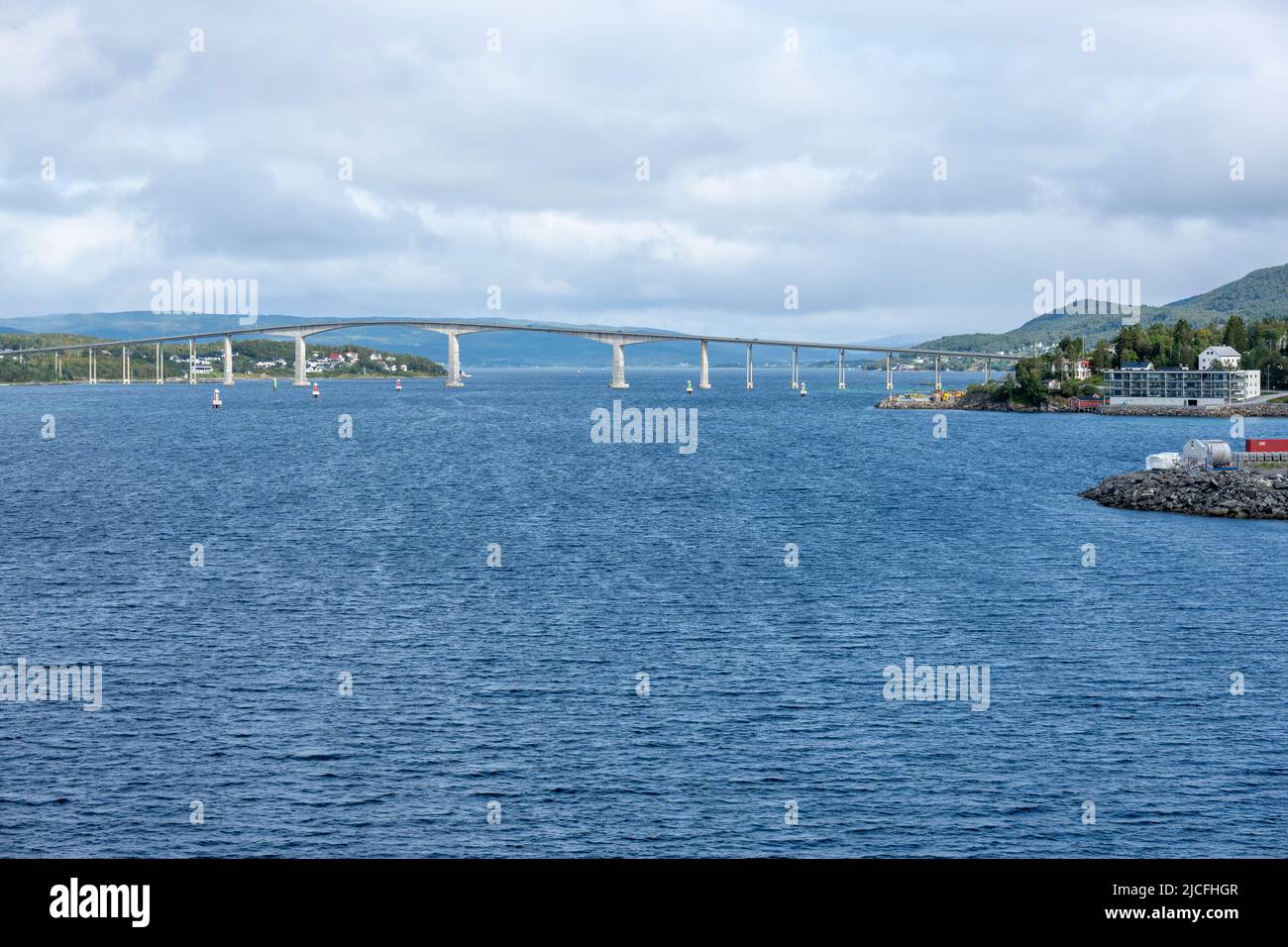 Norway, Troms og Finnmark, coast with typical car bridge in Finnsnes ...