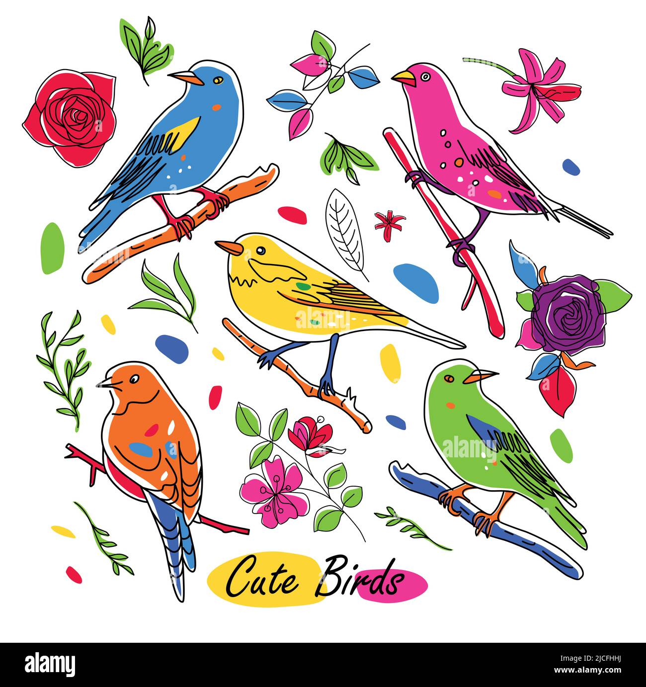 Birds nature bright animals illustration. Collection of cute hand drawn ...