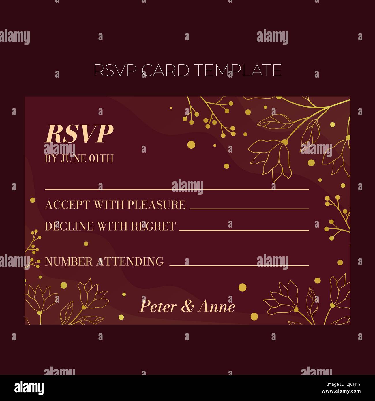 Floral wedding RSVP template in elegant golden style, invitation card ...