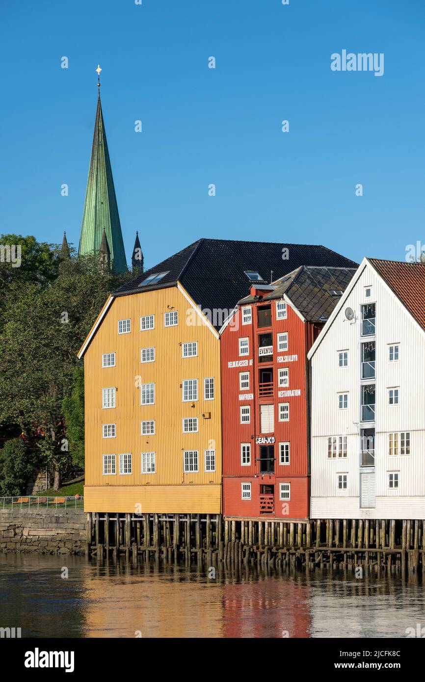 Norway, Trondelag, Trondheim, warehouses, historical buildings, on the ...
