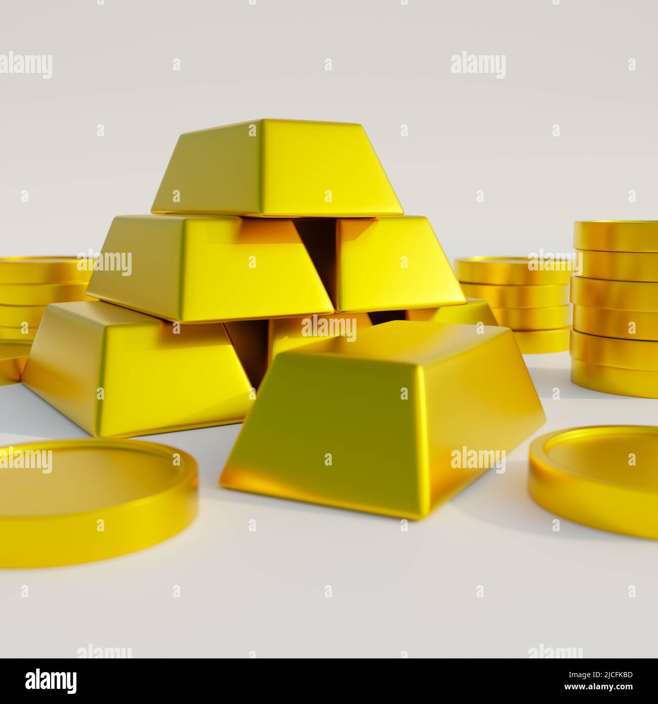 Gold bars and coins on flat surface. Investment in gold concept. 3D ...