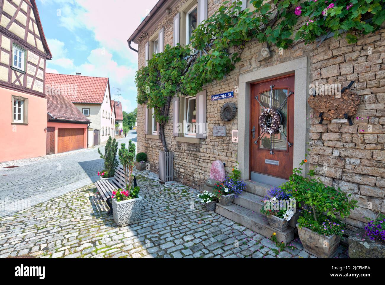 House facade, alley, cobblestone, spring, village view, Prichsenstadt ...