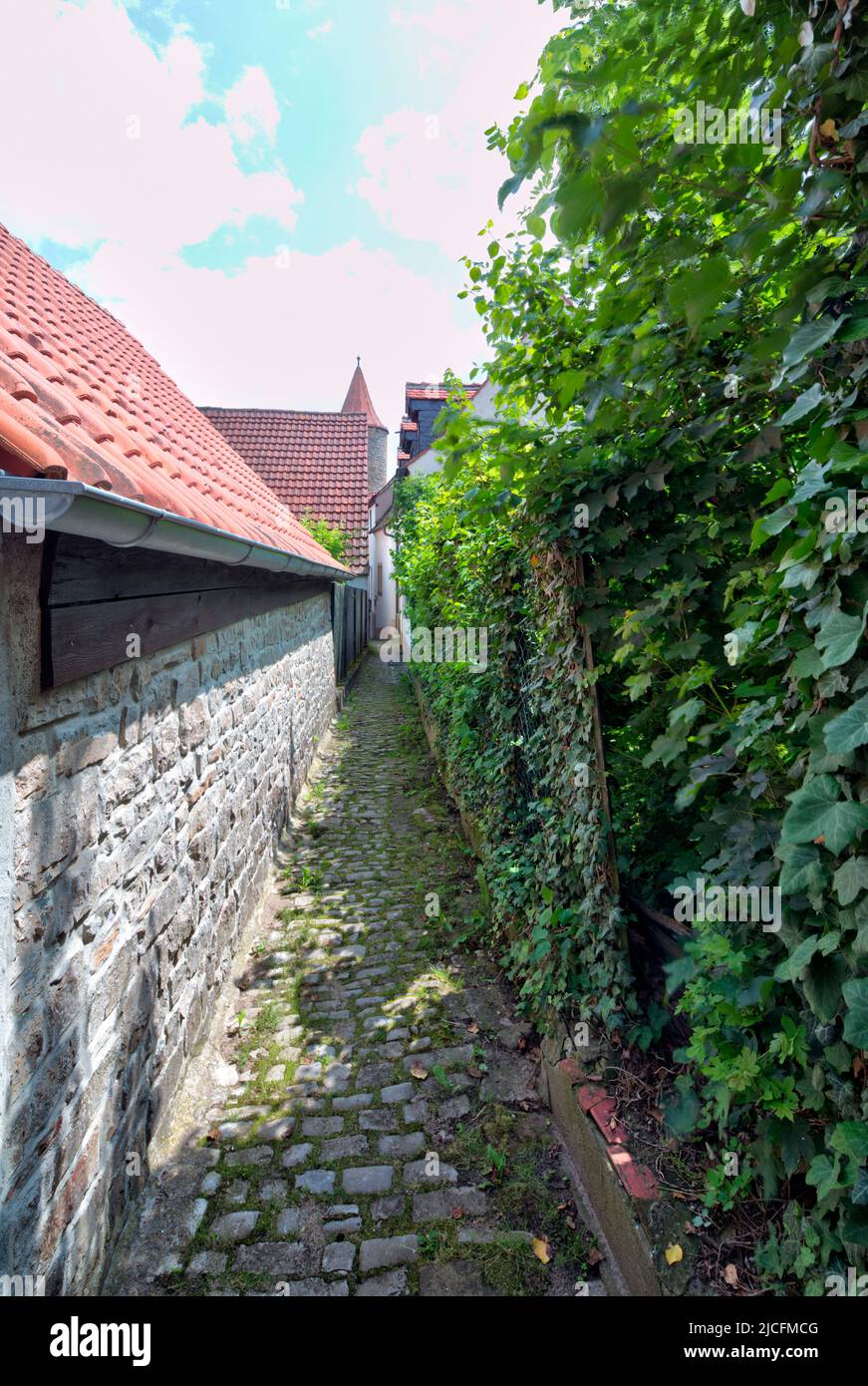 Owl tower, house facade, alley, spring, village view, Prichsenstadt ...