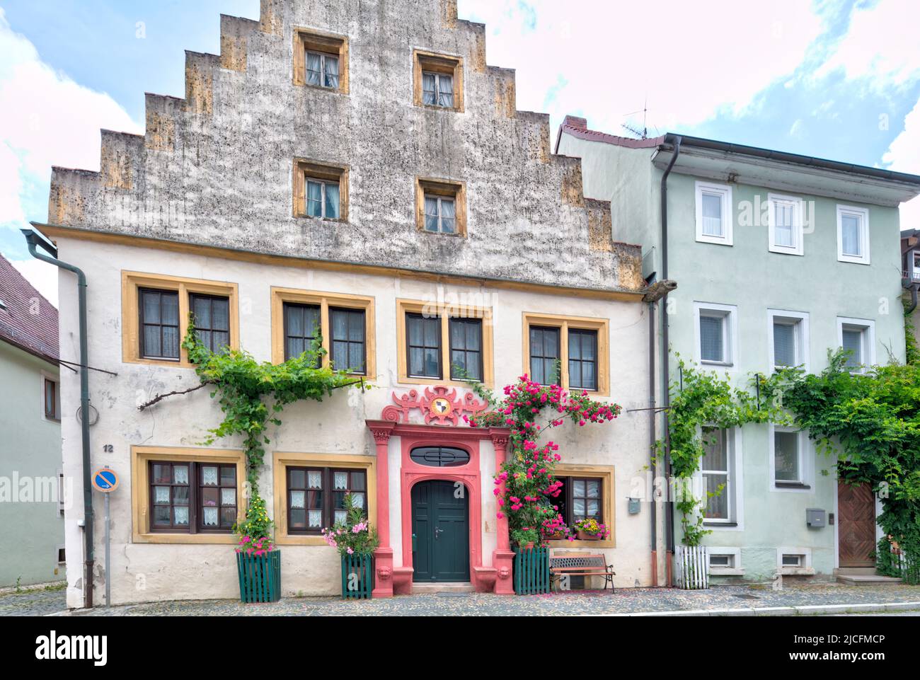 House facade, vines, roses, front door, window, spring, village view ...