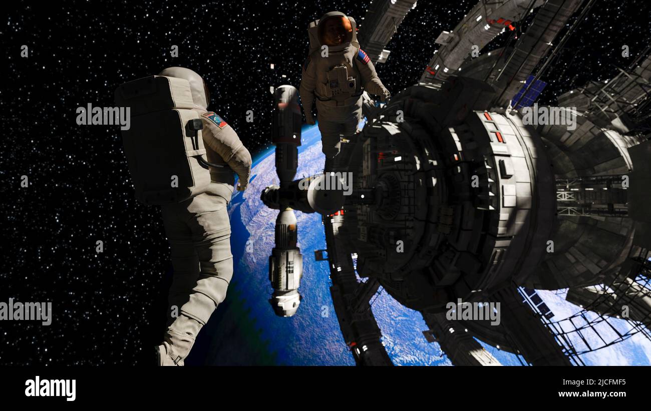 Two astronauts walking in space near a space station with earth ...