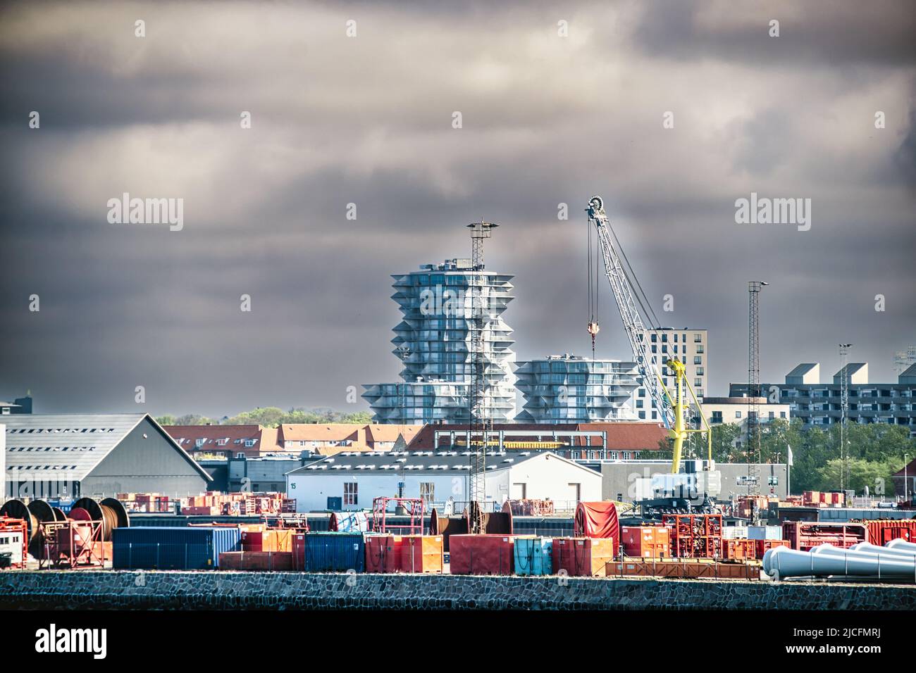 Esbjerg harbor water front with the cactus towers, Denmark Stock Photo ...