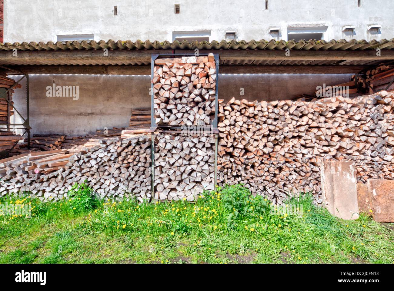 Firewood, wood pile, layered, village view, Baunach, Franconia, Germany ...