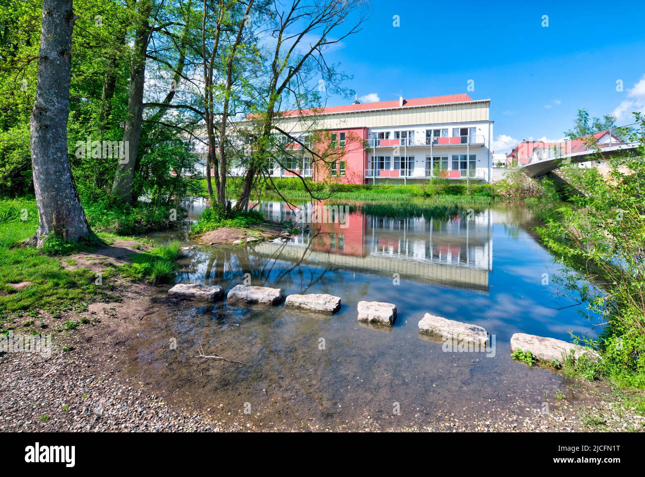 River, bridge, reflection, Baunach castle, senior center, landscape ...