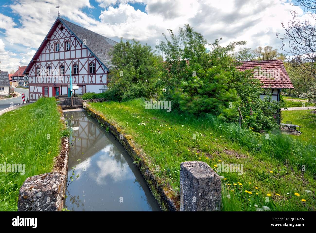 Upper mill, mill stream, half-timbered house, house facade ...
