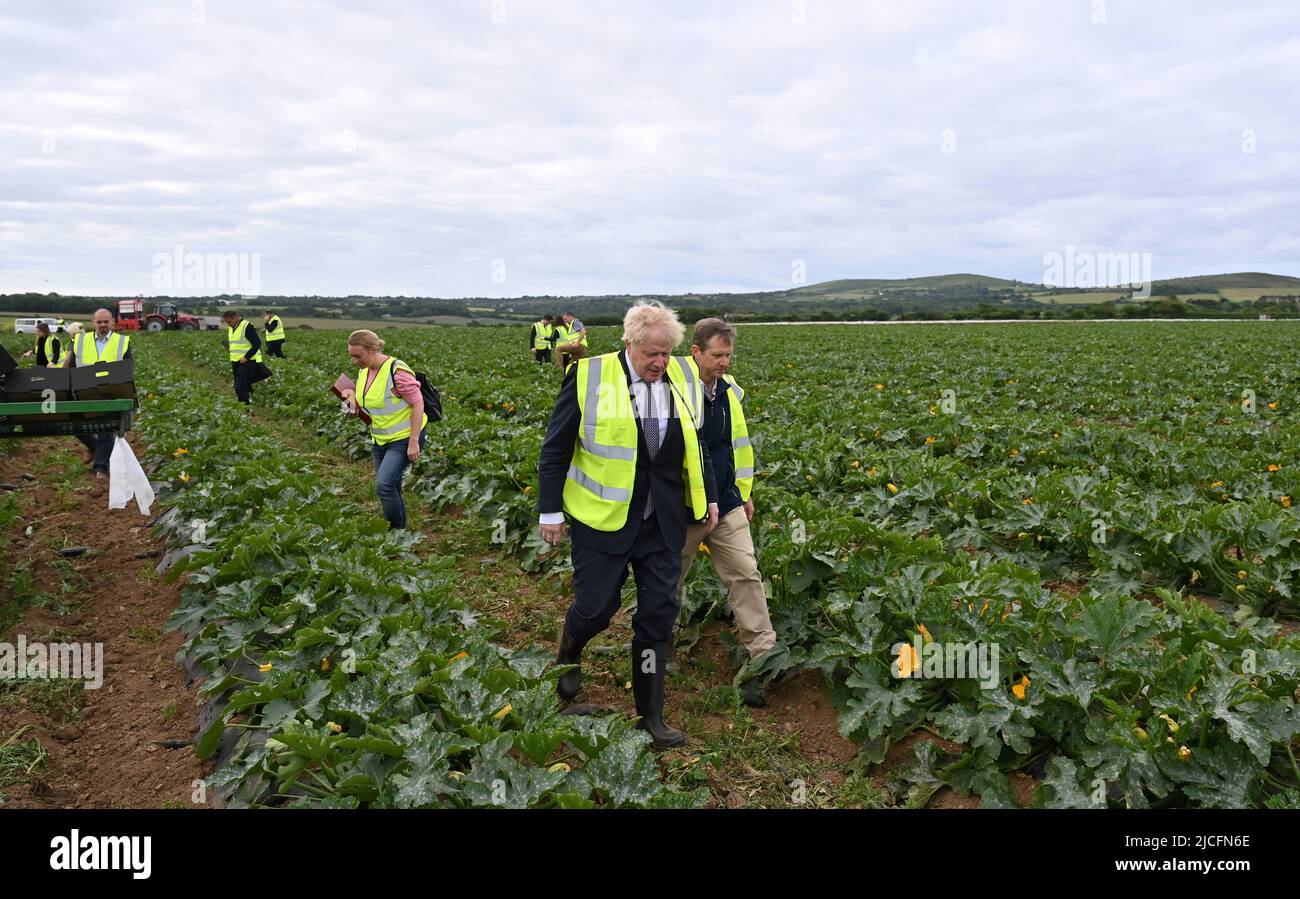 Prime Minister Boris Johnson talks with farm manger Gordon Stokes as ...