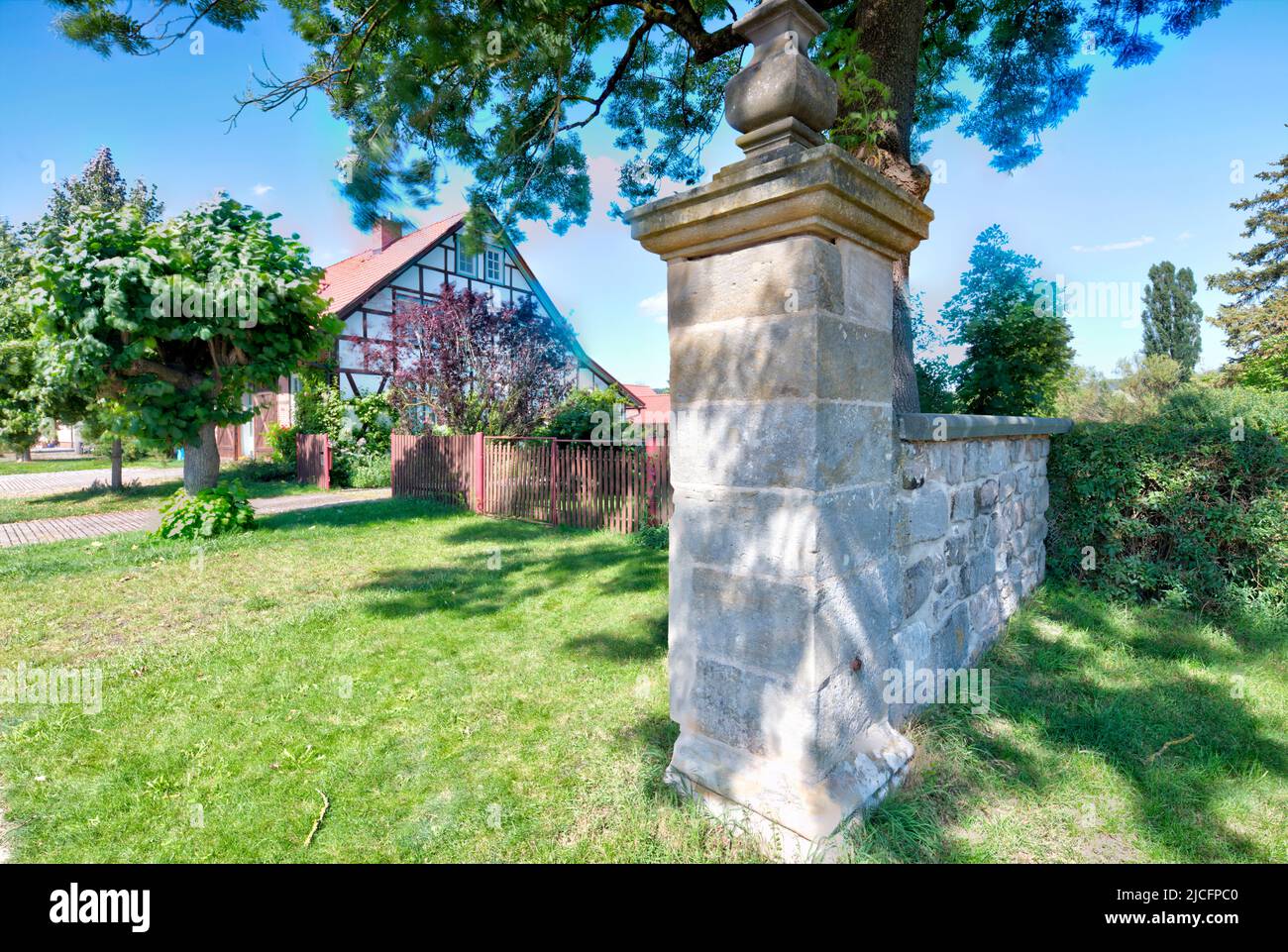 Lower suburb, half-timbering, house facade, village view, summer ...