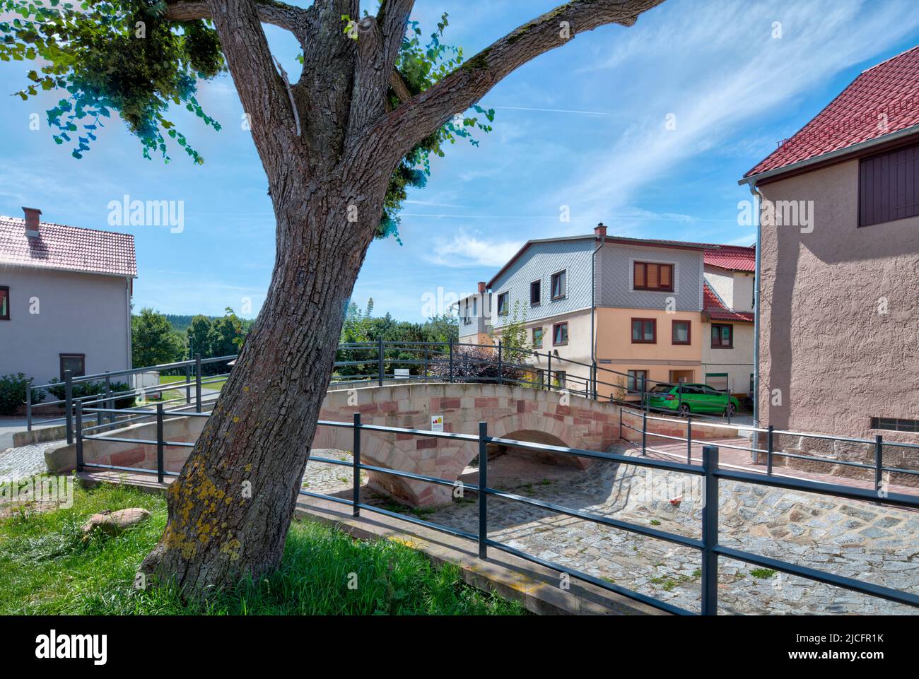 Historical bridge, goat path, millrace, village view, summer, Wasungen ...