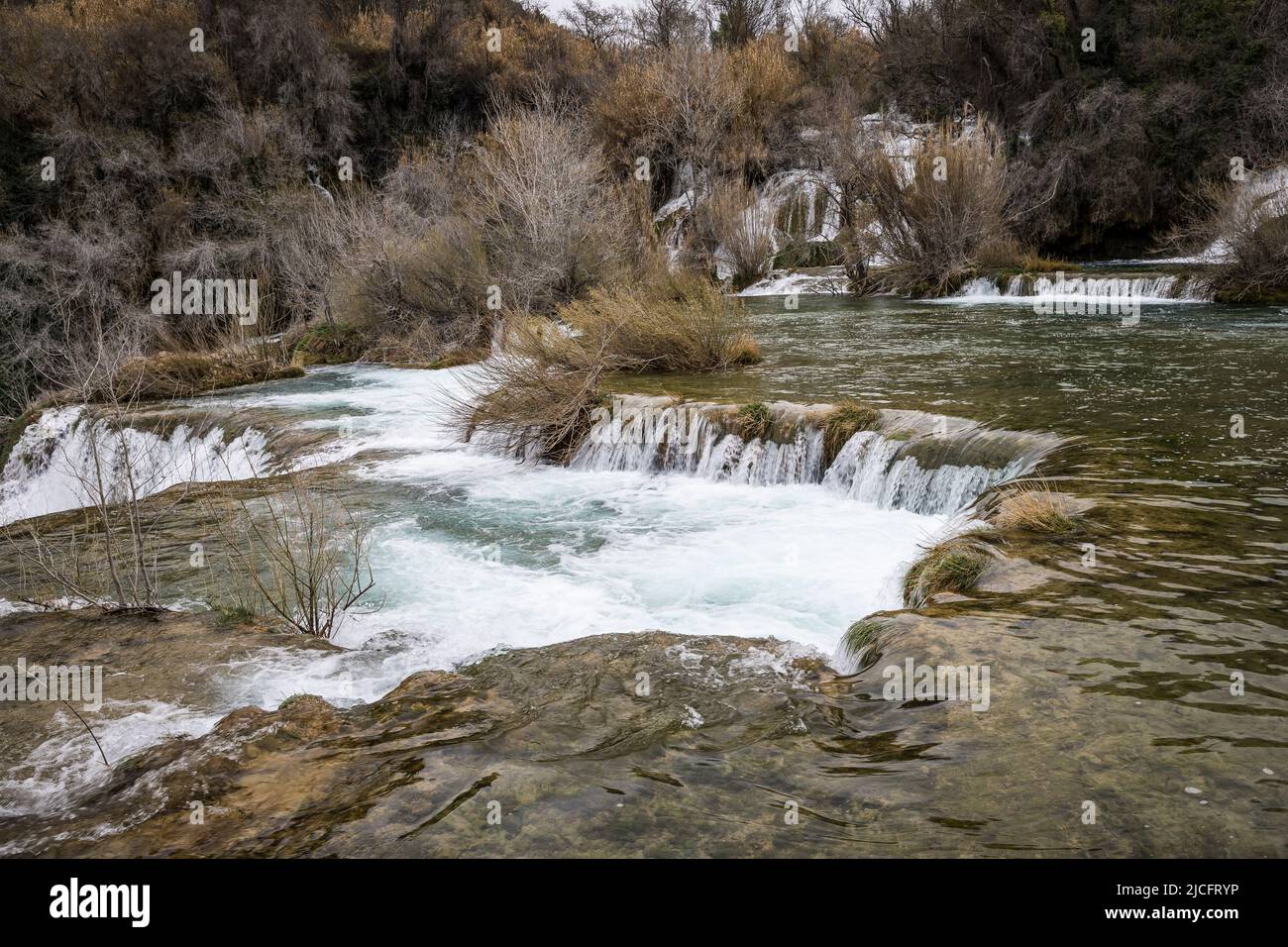 Steps by the waterfall Skradinski Buk in winter, Krka National Park ...