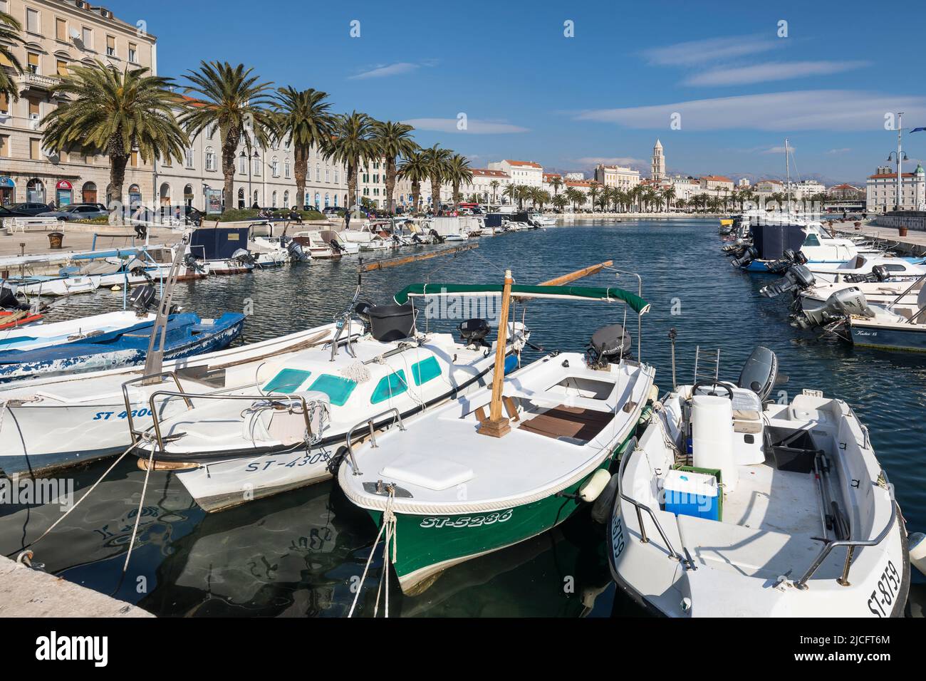Boats in the harbor and old town, Split, Split-Dalmatia County ...