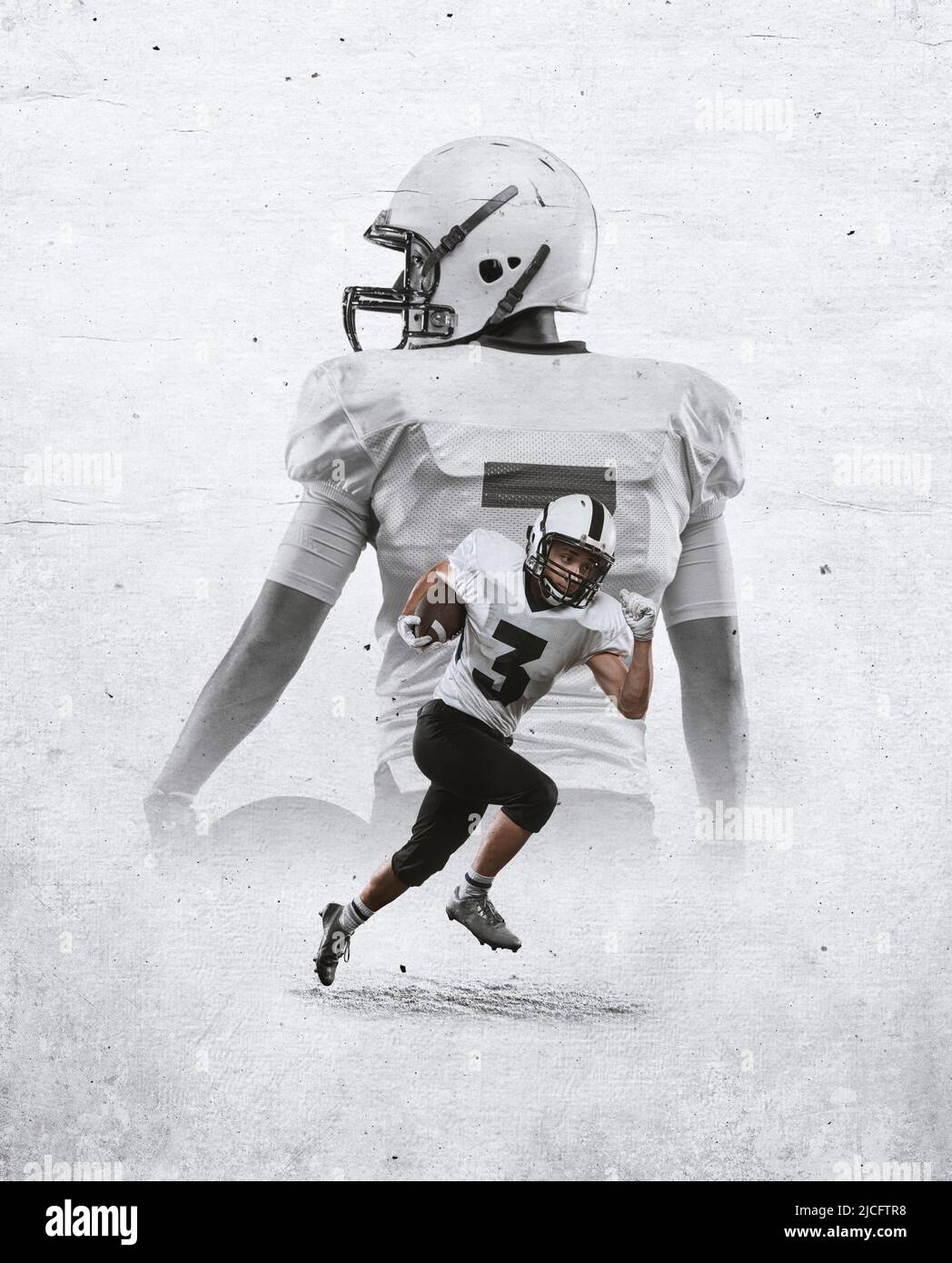 Poster with professional american football player in motion over white ...