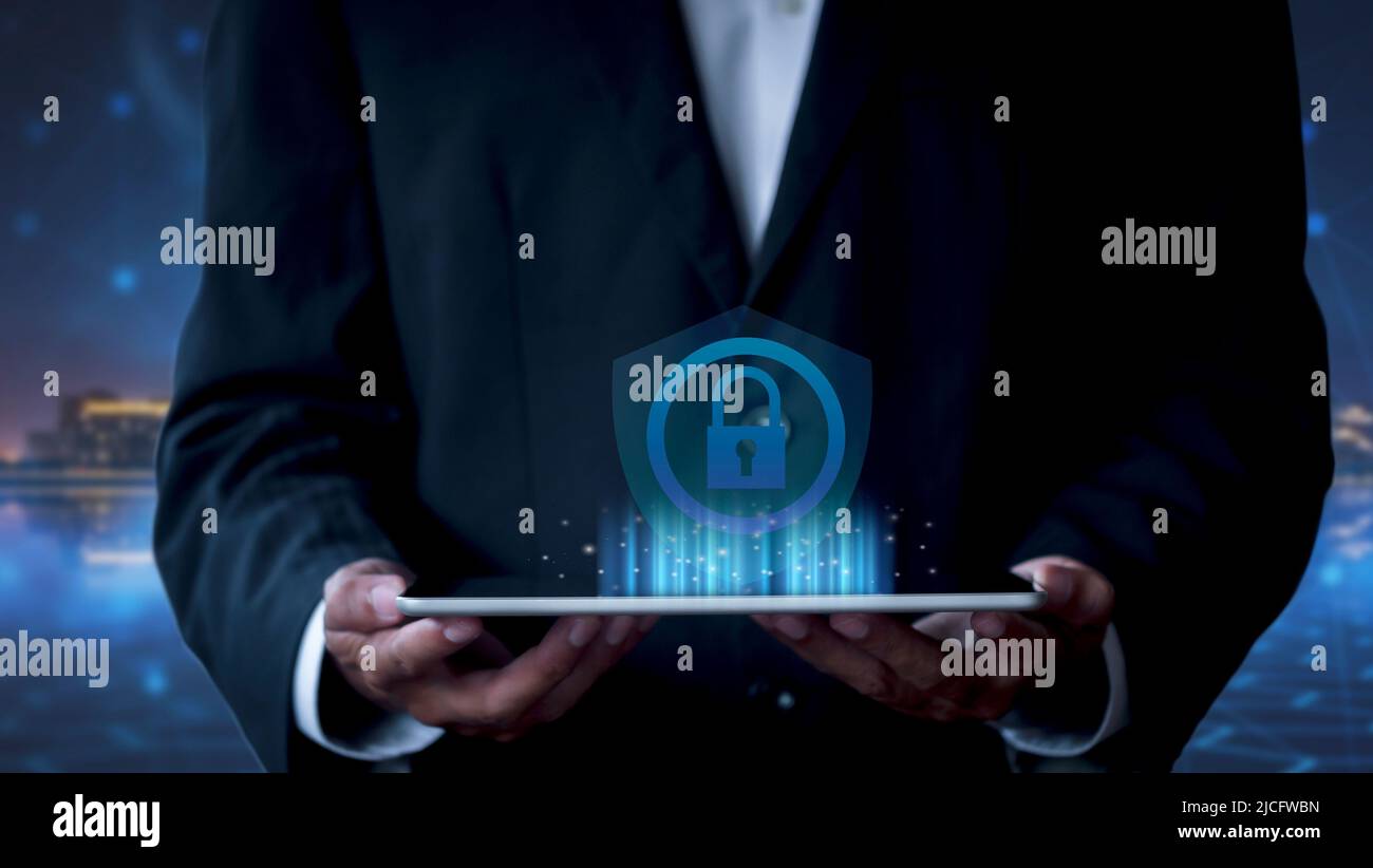 Cyber security network. Business man protecting data personal ...