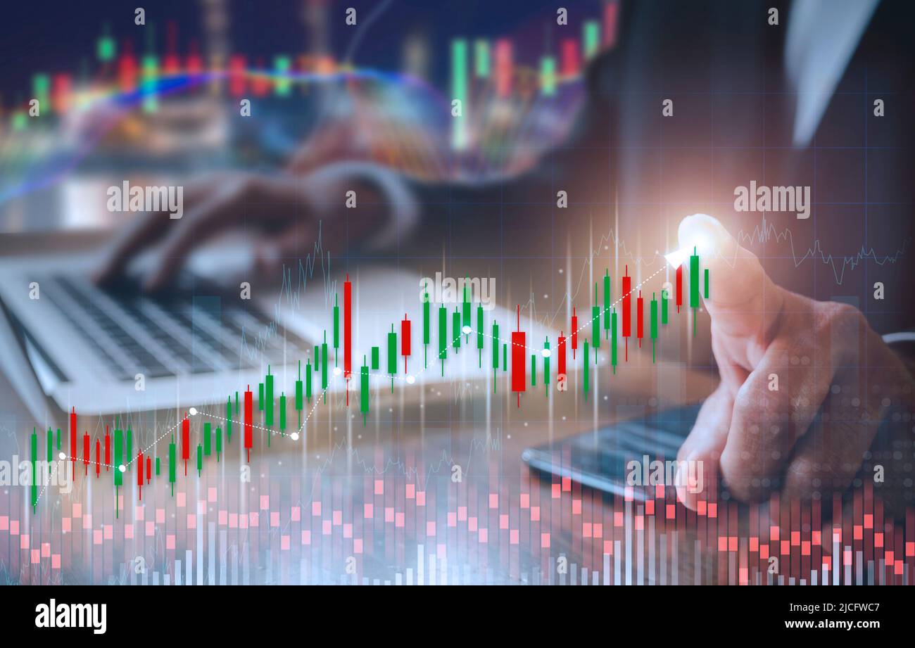 Businessman show golden stock market bar chart grow up to target ...