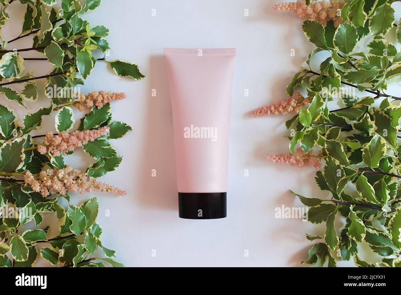 Pink squeeze bottle cosmetic tube with screw black cap, pink astilbe ...