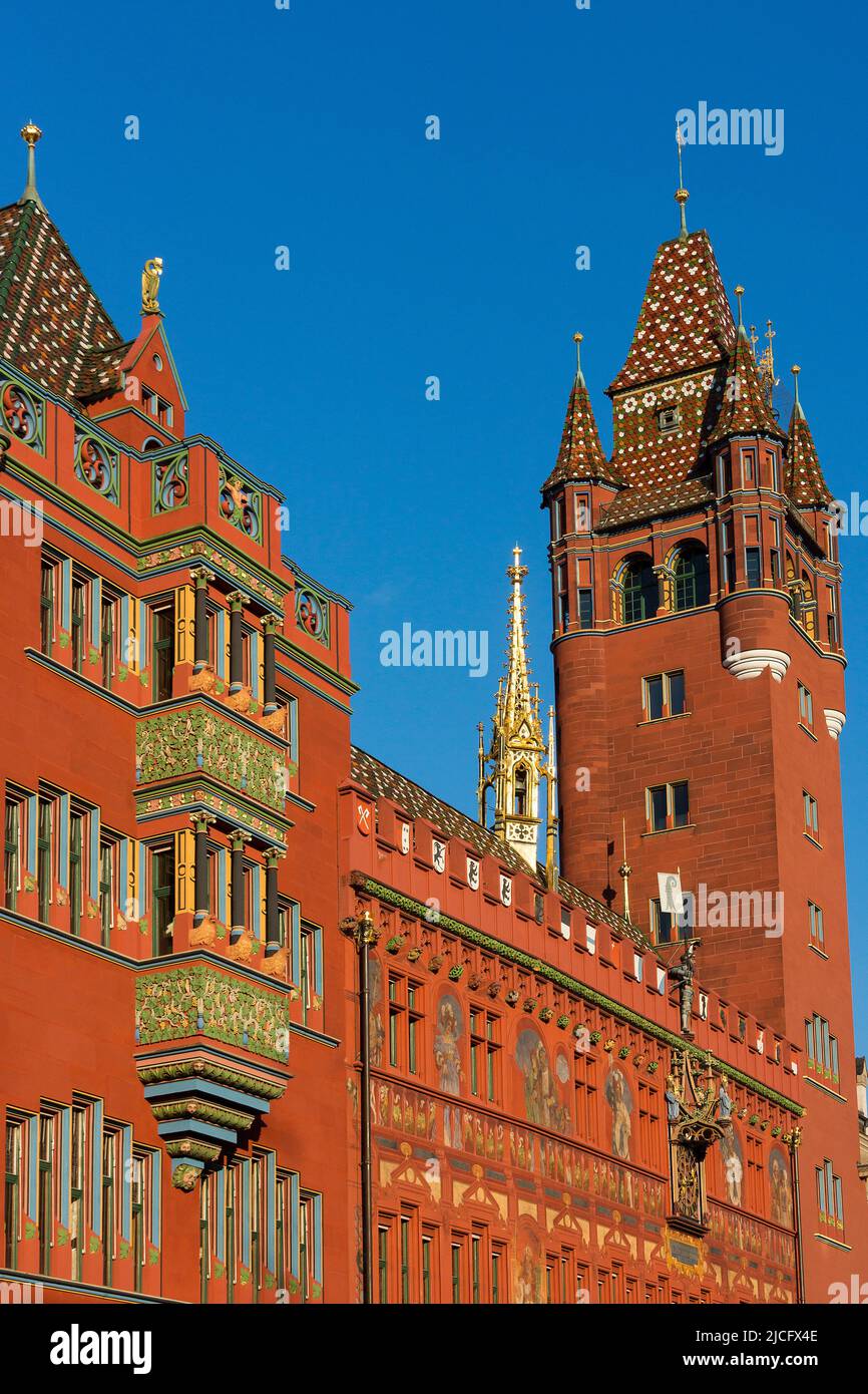 Basel, city hall, main facade and tower, view from market place Stock ...