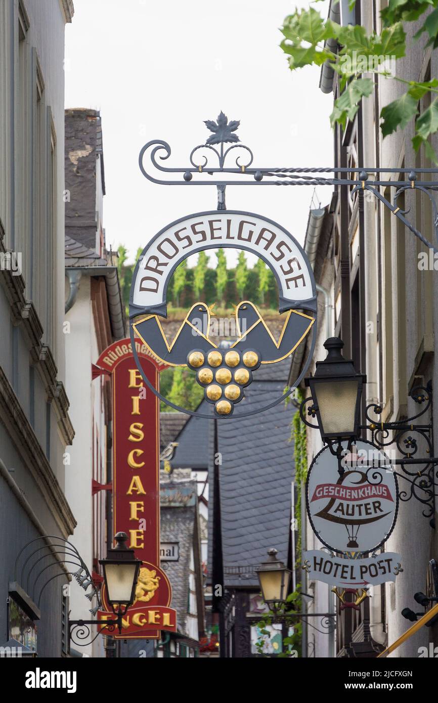 Germany, Hesse, Rheingau, Rüdesheim, Drosselgasse, inn signs Stock ...