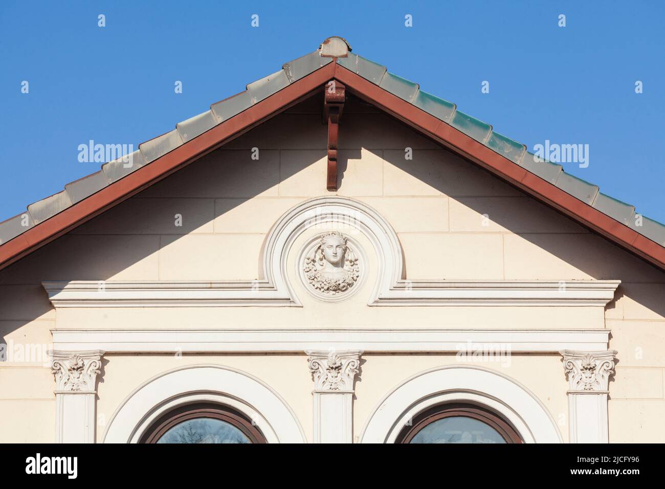 Ornate roof gable, residential building, Elsfleth, Wesermarsch County ...