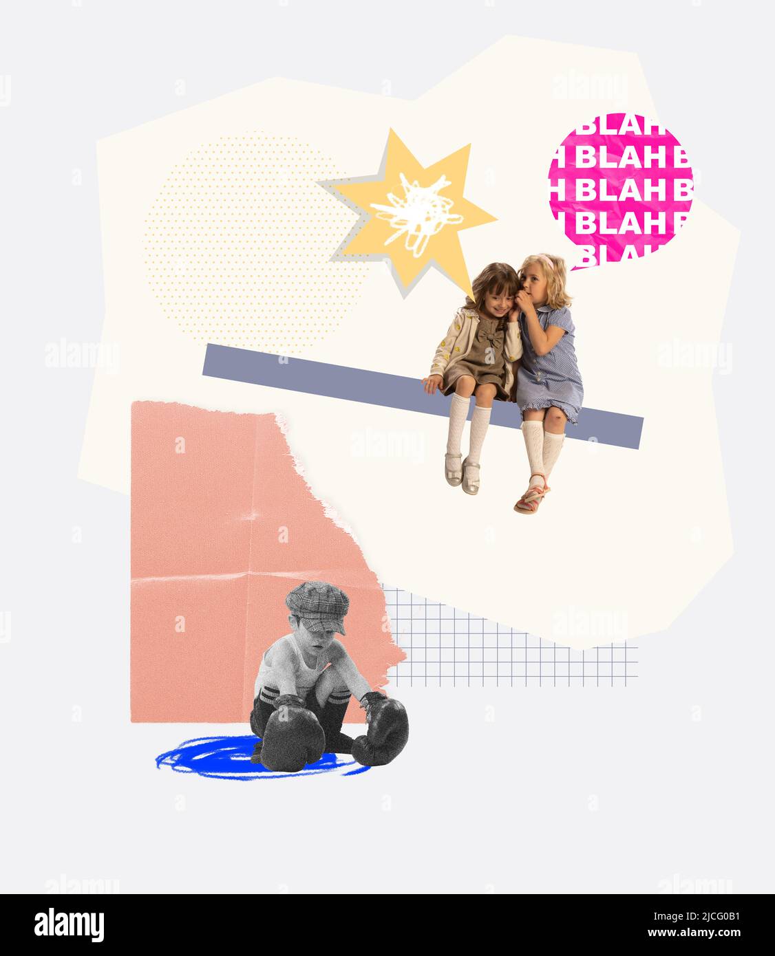 Contemporary art collage. Conceptual image with children. Two girls ...