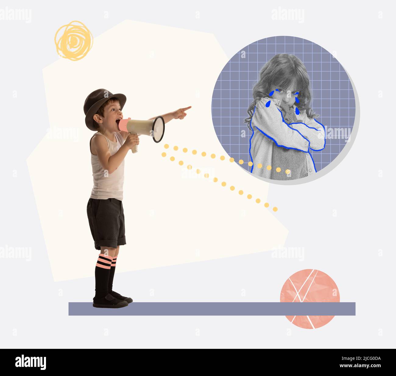 Contemporary art collage. Conceptual image. Little boy, child shouting ...