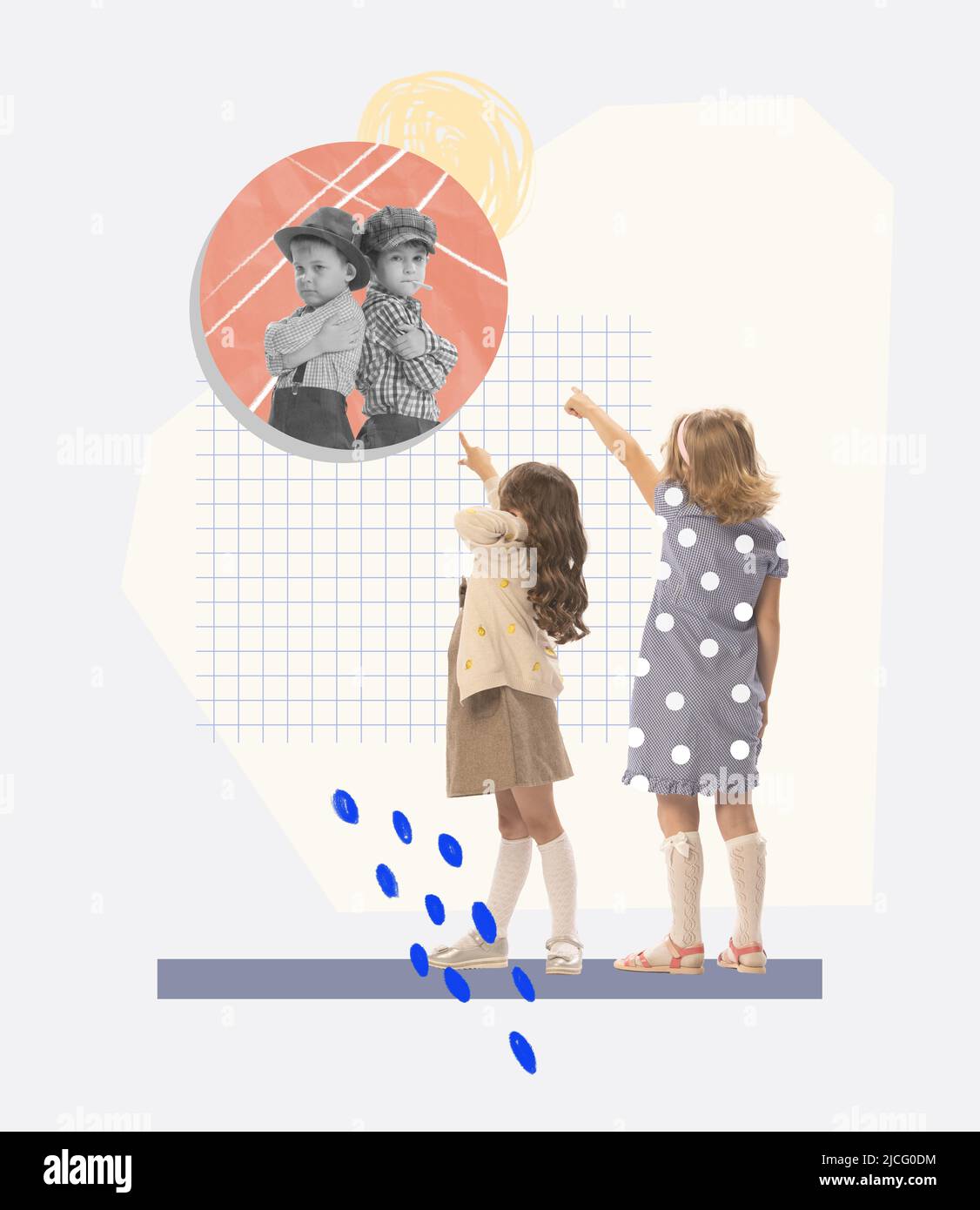 Contemporary art collage. Conceptual image with two little girls ...